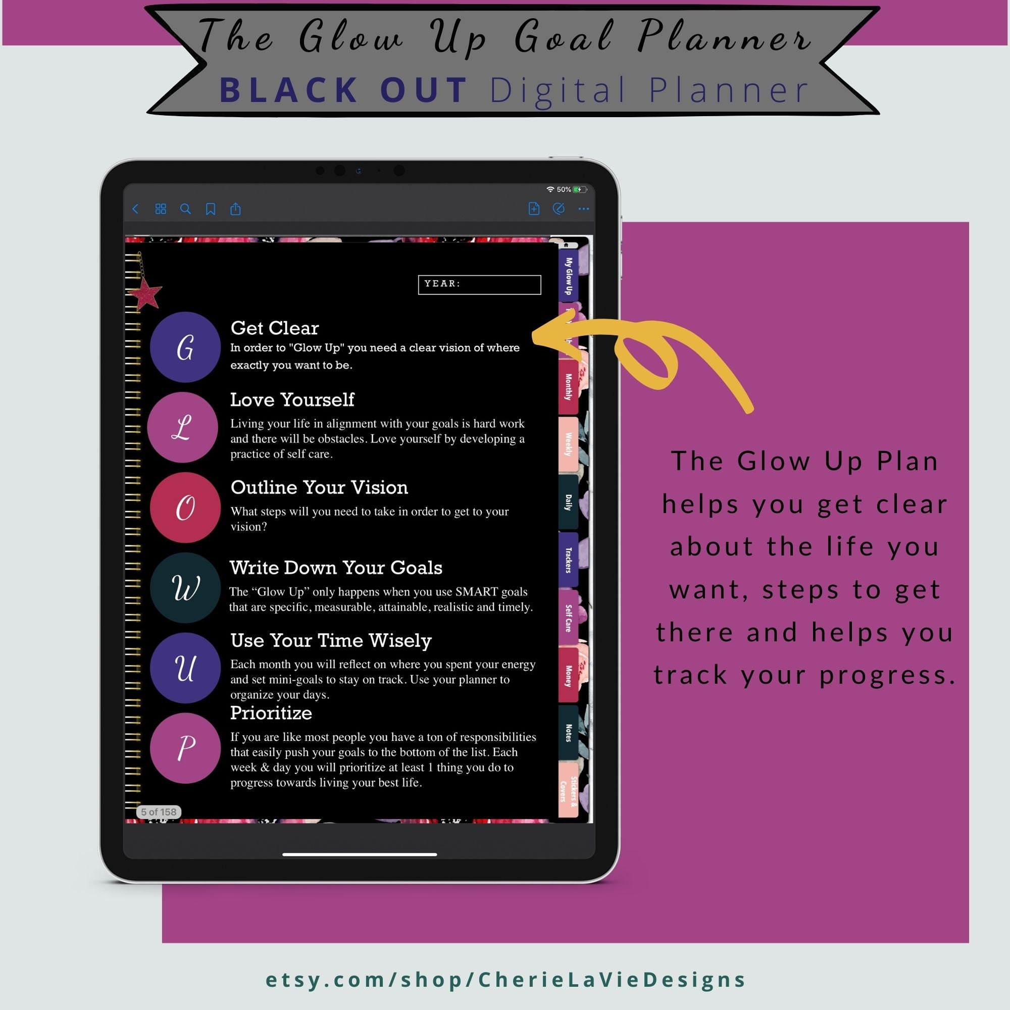 The Glow up Goal Setting Daily Digital Planner | Blackout Floral| iPad ...