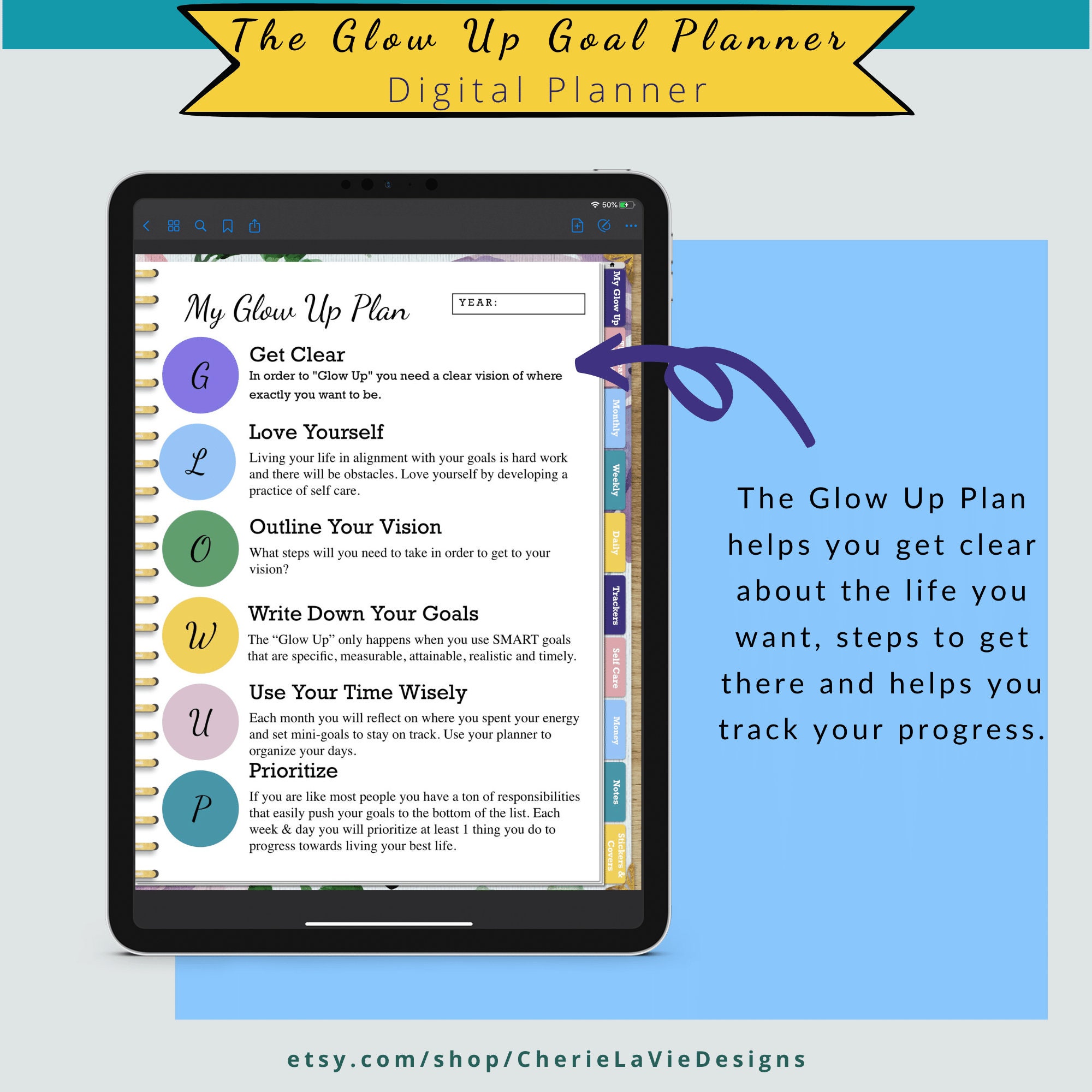 The Glow up Goal Setting Daily Digital Planner | Purple Watercolor ...
