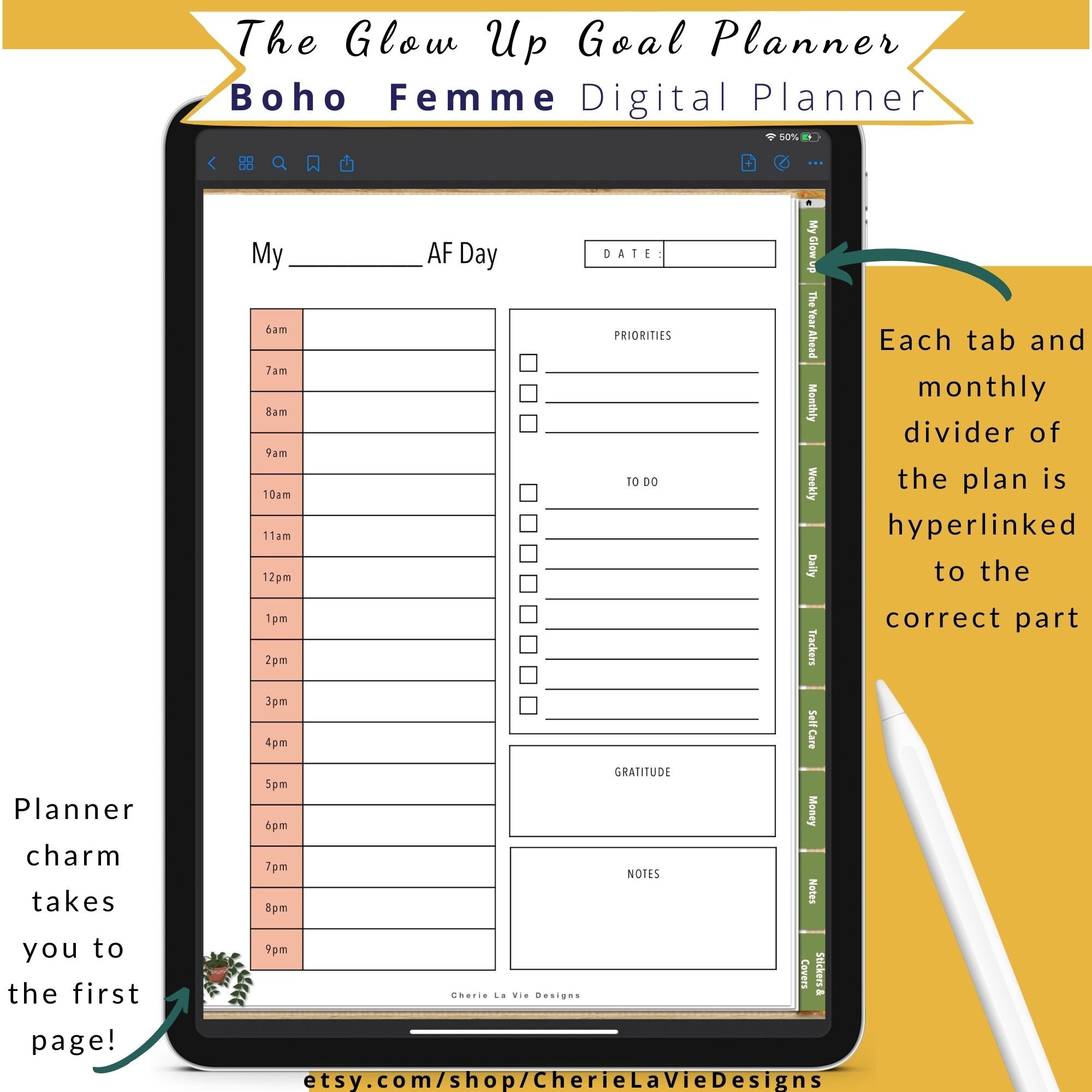 The Glow up Goal Setting Daily Digital Planner | Boho Femme | iPad ...