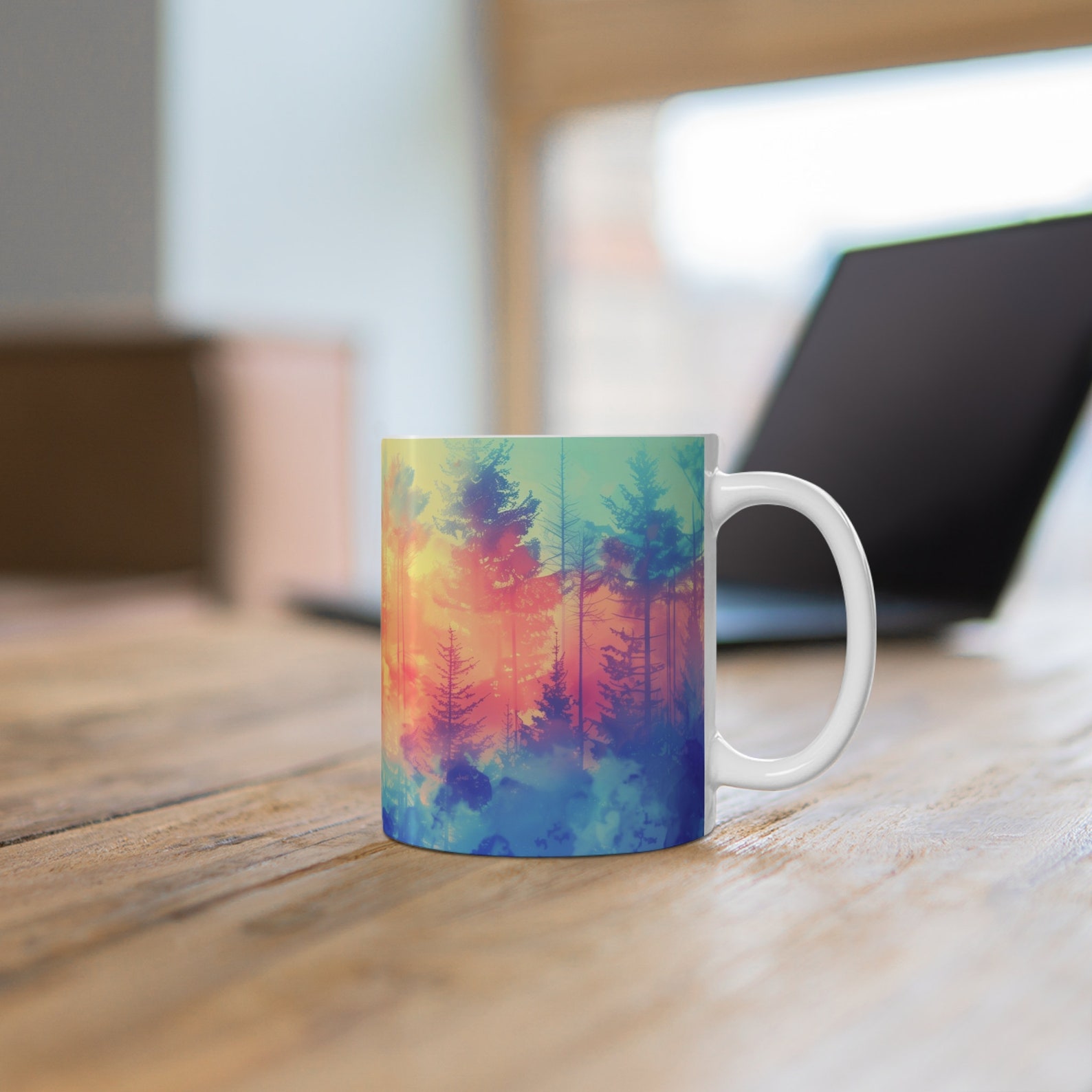 Coffee Mug: Colorful Watercolor Forest Print, Ceramic, Nature-inspired ...