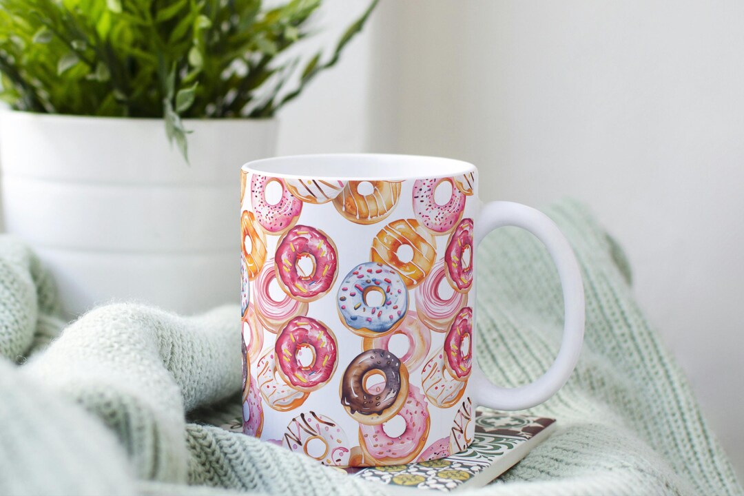 Coffee Mug: Doughnut Watercolor Print, Cute Ceramic Design, Sweet Treat ...