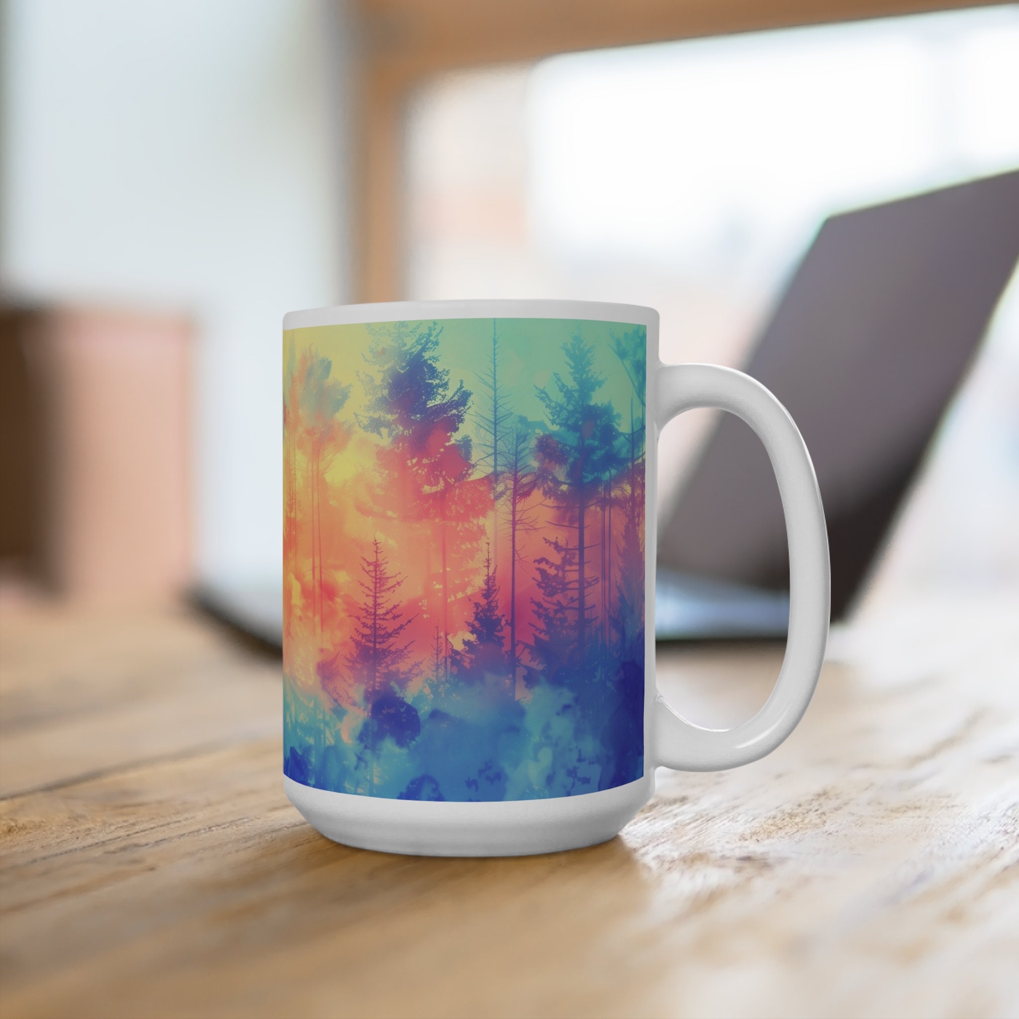 Coffee Mug: Colorful Watercolor Forest Print, Ceramic, Nature-inspired ...