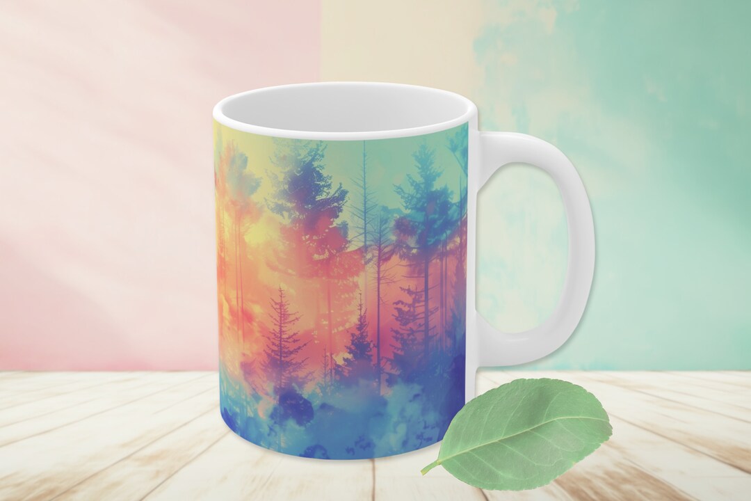 Coffee Mug: Colorful Watercolor Forest Print, Ceramic, Nature-inspired ...