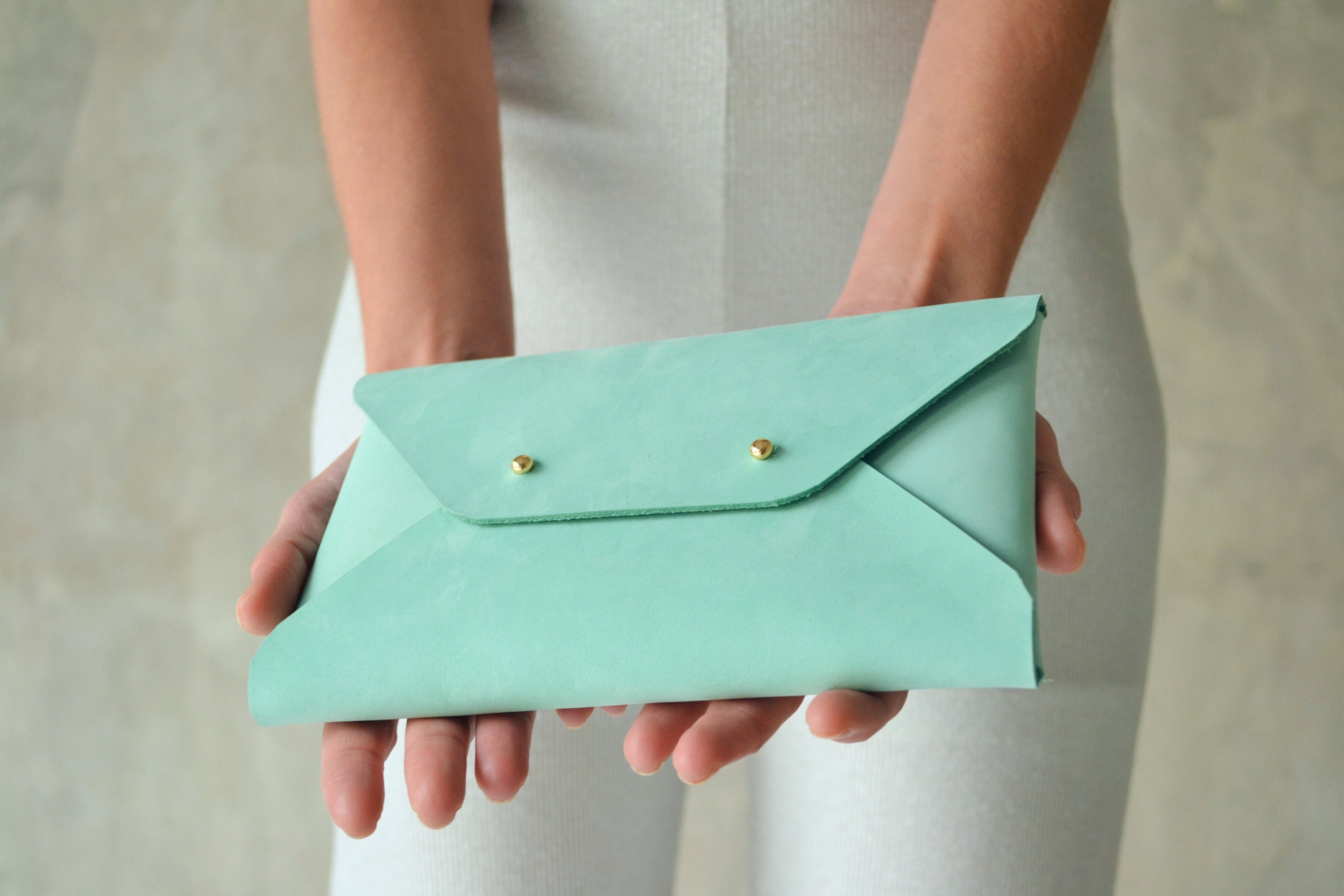 Aqua Green Leather Clutch Bag / Pastel Green Envelope Clutch / - Etsy