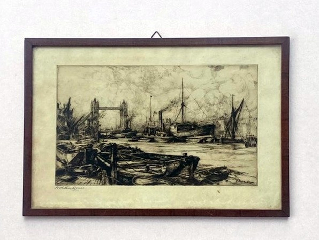 Antique London Bridge Etching: River Thames View, Signed Robert Rouse ...