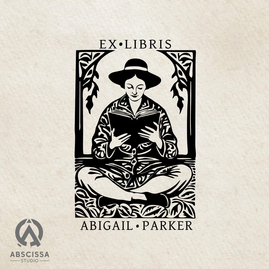 Woman Reading Ex Libris Stamp, Personalized Bookplate Stamp Custom Name ...
