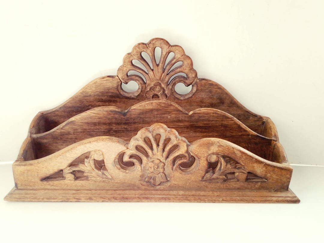 Vintage Hand Carved Wood Letter Rack / Office Storage / Miscellaneous ...