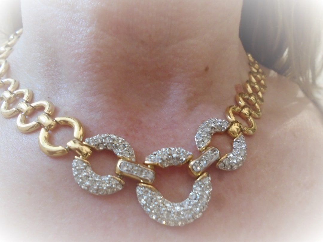 Vintage Gold Tone Round Link Necklace With Rhinestones - Etsy