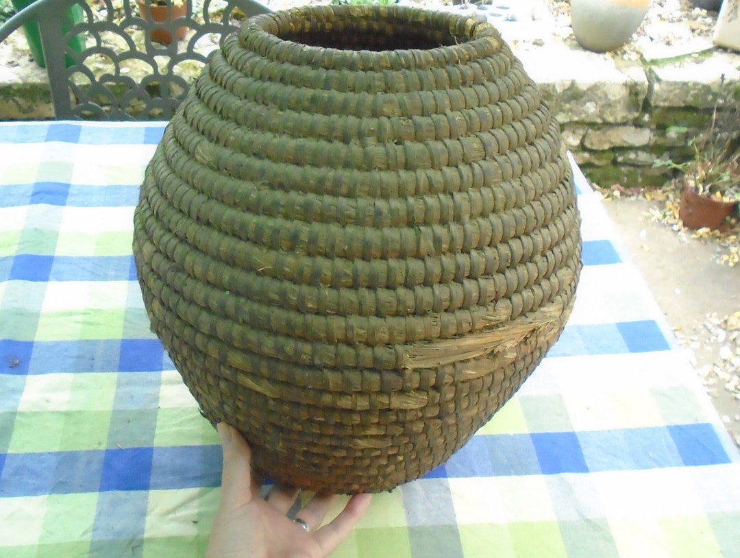 Antique French Rye Coiled Basket, Large Bourgne Woven Rye Grass, Wicker ...