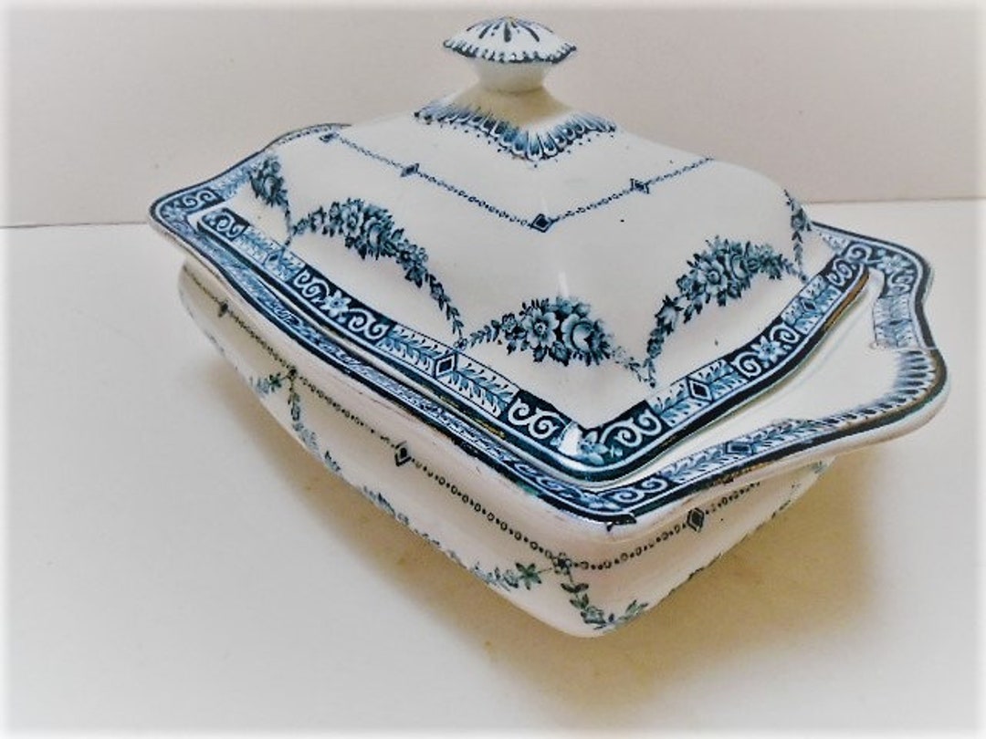 Antique Royal Corona Ware Tureen / Earthenware Casserole With Blue ...