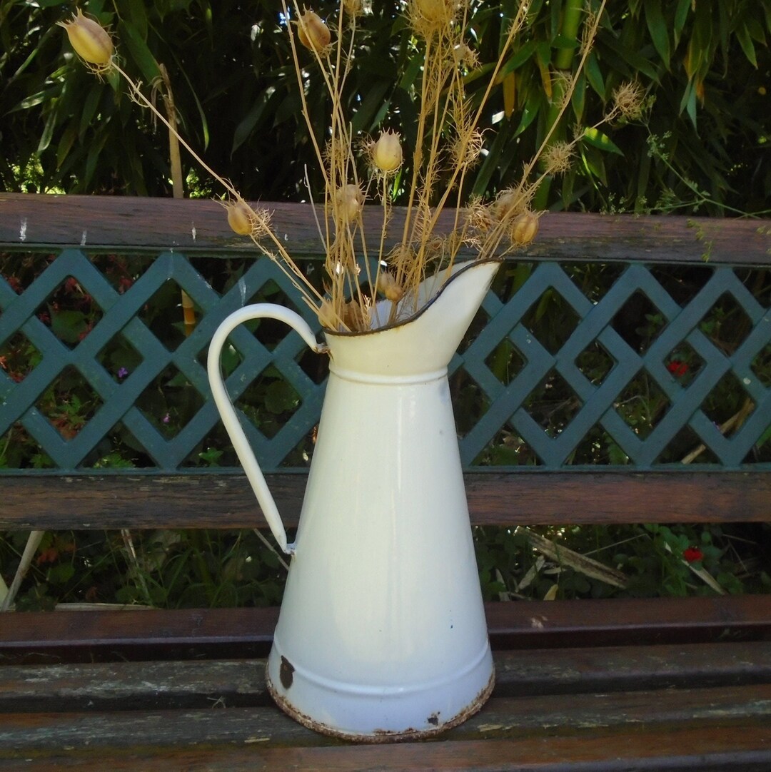 Antique French White Enamel Pitcher, Shabby Chic Home Decor, French ...