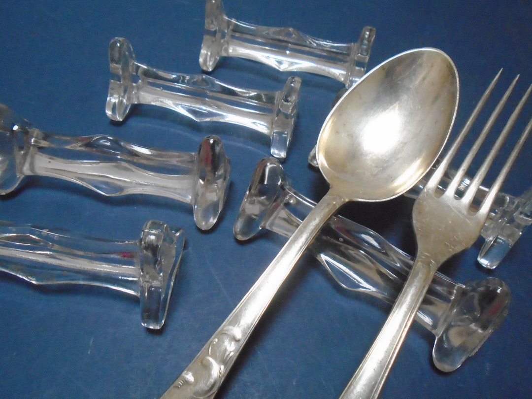 6 Vintage French Glass Flatware Rests, Glass Cutlery Rests, Glass Table ...