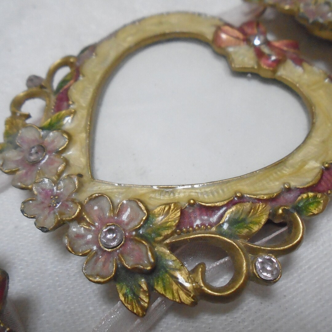 Vintage Photo Frame Trio, Heart Shaped Enameled Frames With Rhinestones ...