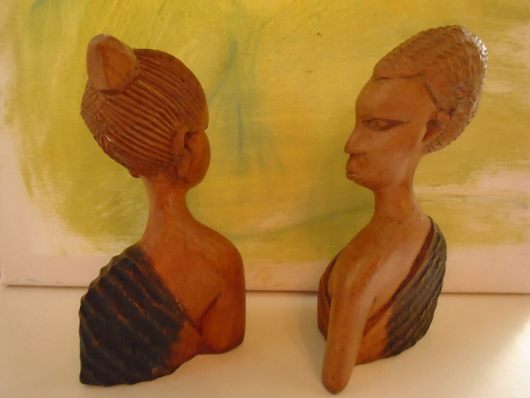 Two Vintage Carved African Women Statues, Wood Bookends, African Tribal ...