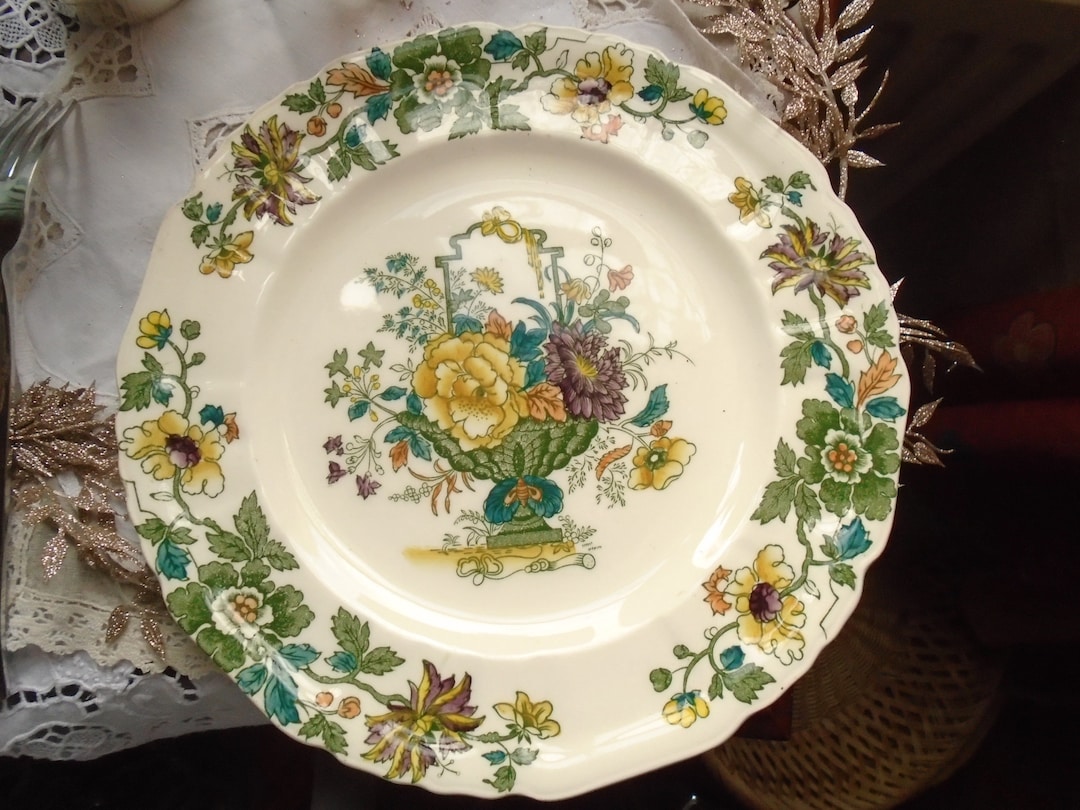 Antique Masons Strathmore Green Floral Ironstone Fluted Edge Dinner ...