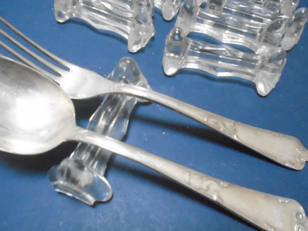 6 Vintage French Glass Flatware Rests, Glass Cutlery Rests, Glass Table ...