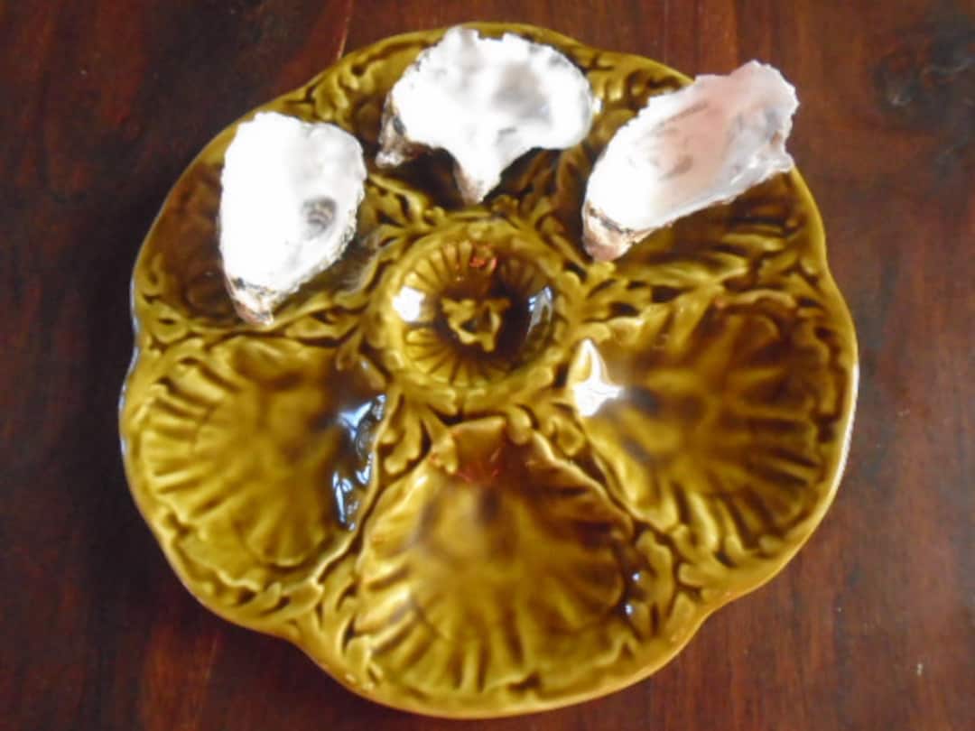 Set of Four Antique French Gien Olive Green Majolica Oyster Plates ...