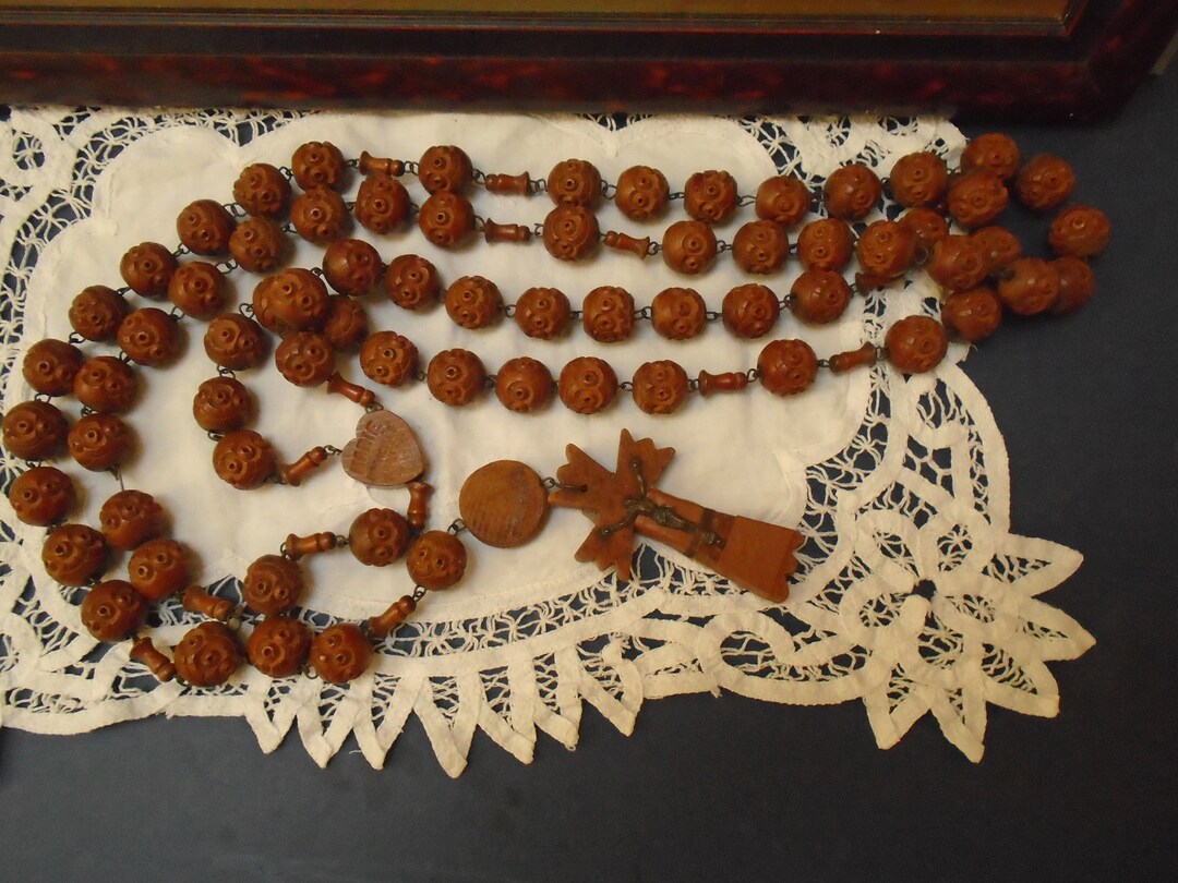 Antique French Rosary, 6 Decade Large Carved Wood Bead Rosary 1900s ...