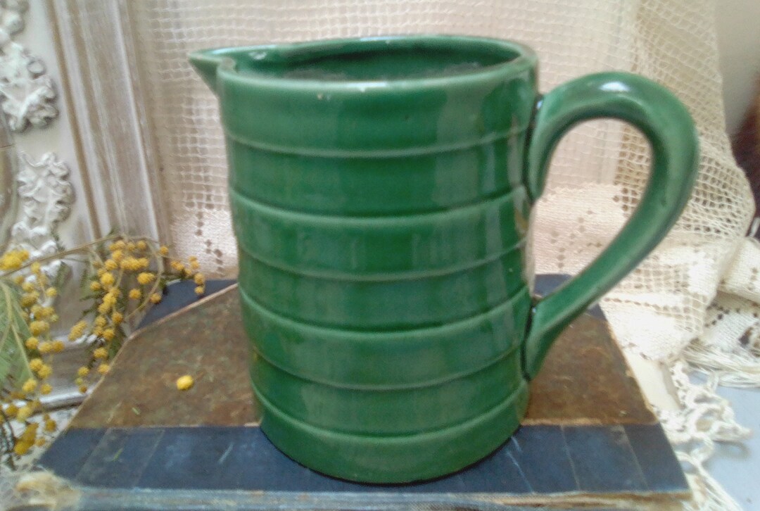 Vintage French Art Deco Green Glazed Majolica Pitcher, Mid Green Jug ...