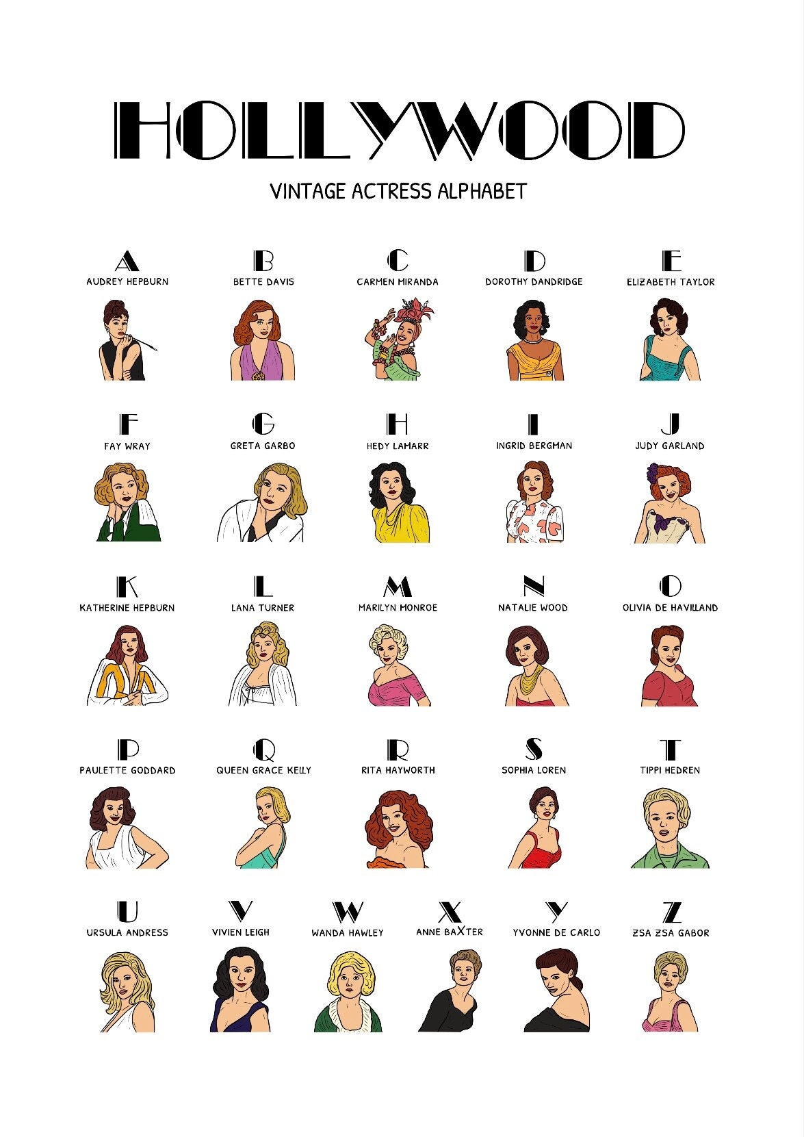 Printable Wall Art | Vintage Hollywood Actress Alphabet Digital ...