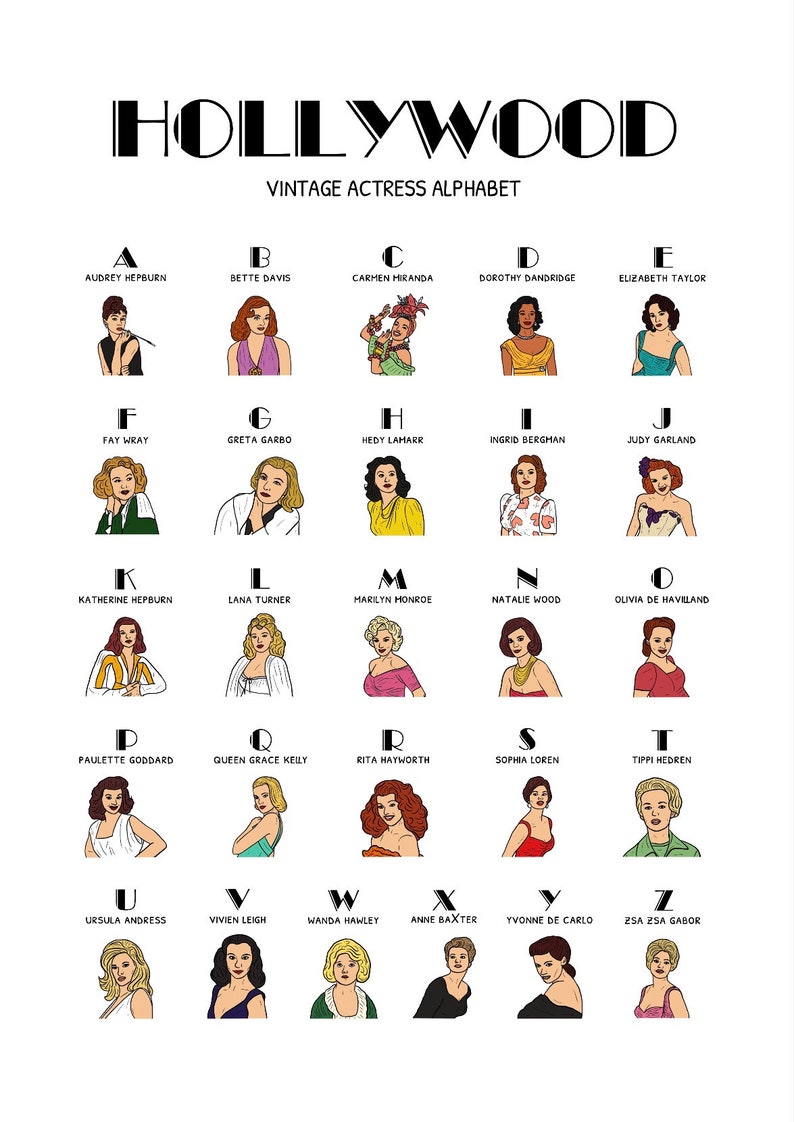 Printable Wall Art Vintage Hollywood Actress Alphabet - Etsy
