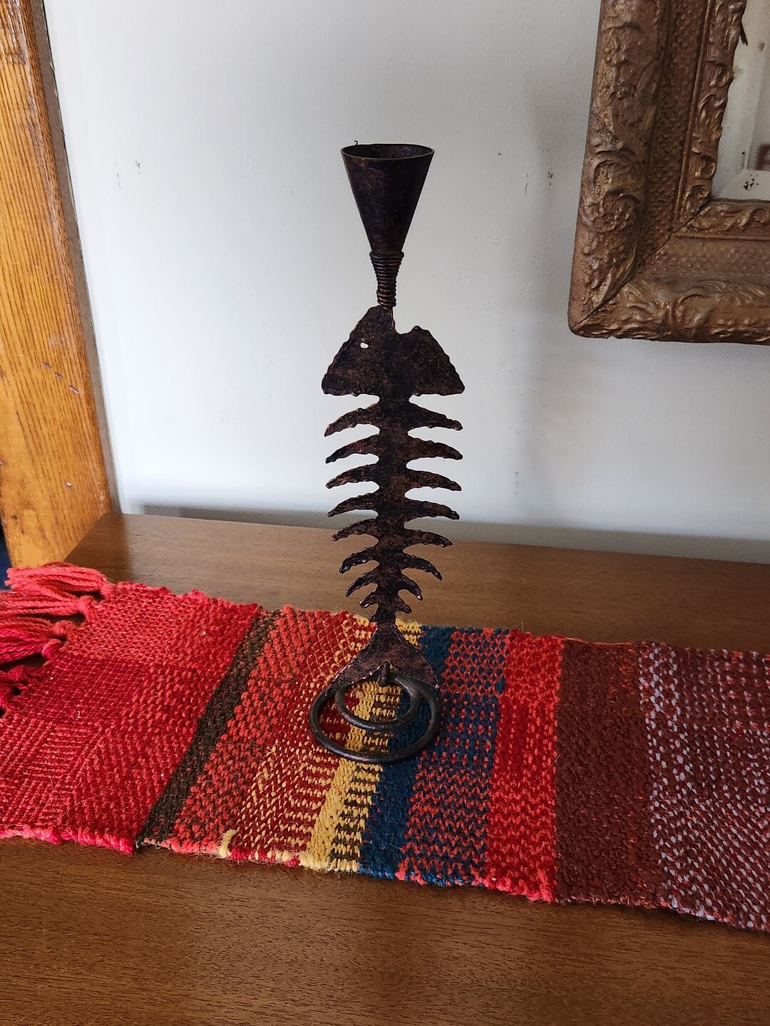 Super Cool & Vintage FISH SKELTON/BONES Distressed Metal Candle/incense ...