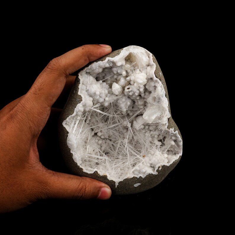 Scolecite Spray Inside MM Quartz Geode Natural Mineral Specimen # B ...