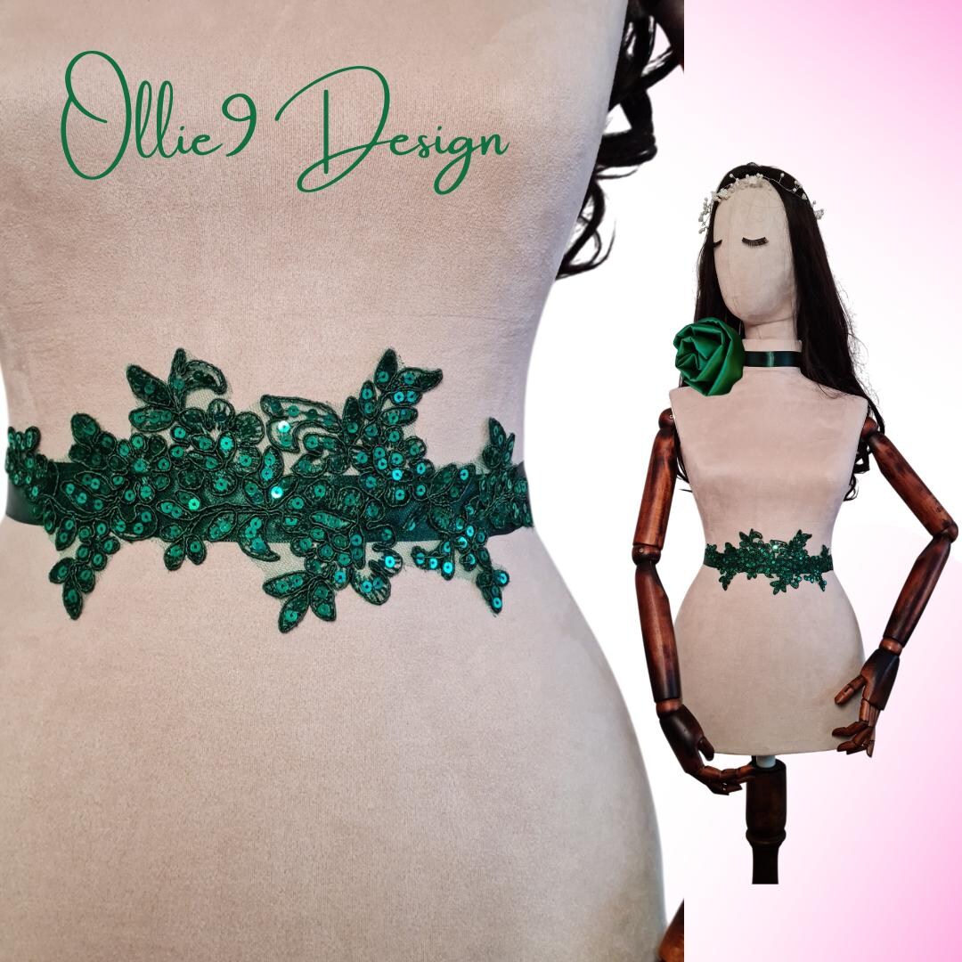 Green Sequin Lace Wedding Dress Belt Bridesmaid Sash Formal Satin ...