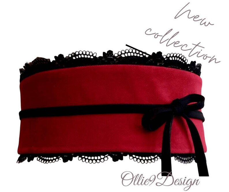 Red Velvet Belt With Lace Border in Black, Wide Belt, Red Obi Belt, Red ...