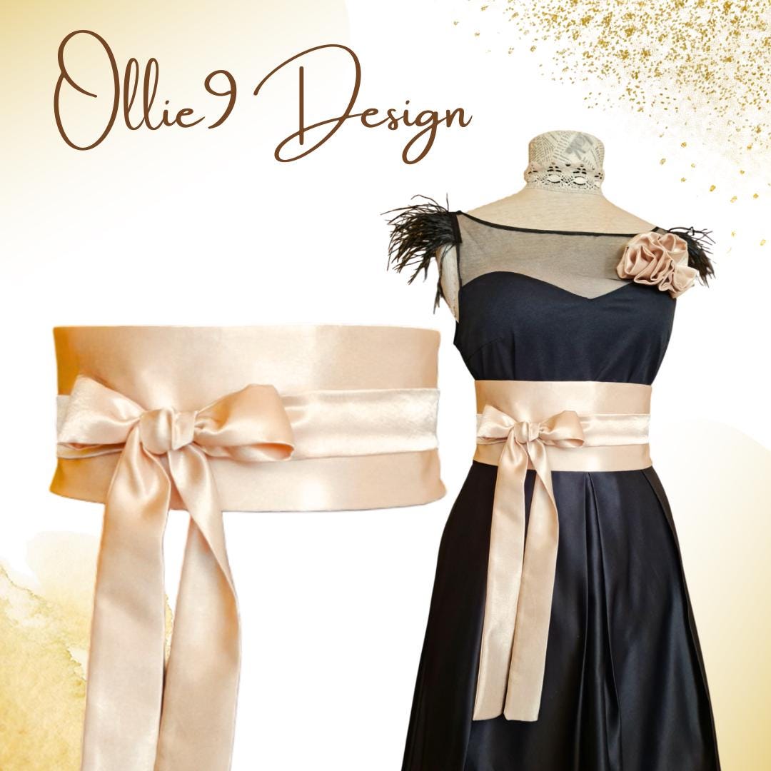 Gold Satin Belt Wedding Dress Sash Custom Size Matching Flower Brooch ...