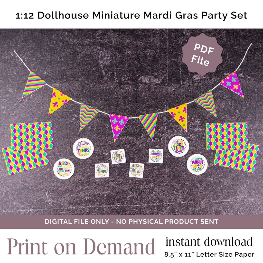 Print on Demand Dollhouse Miniature Mardi Gras Party Set | 1:12 Scale ...