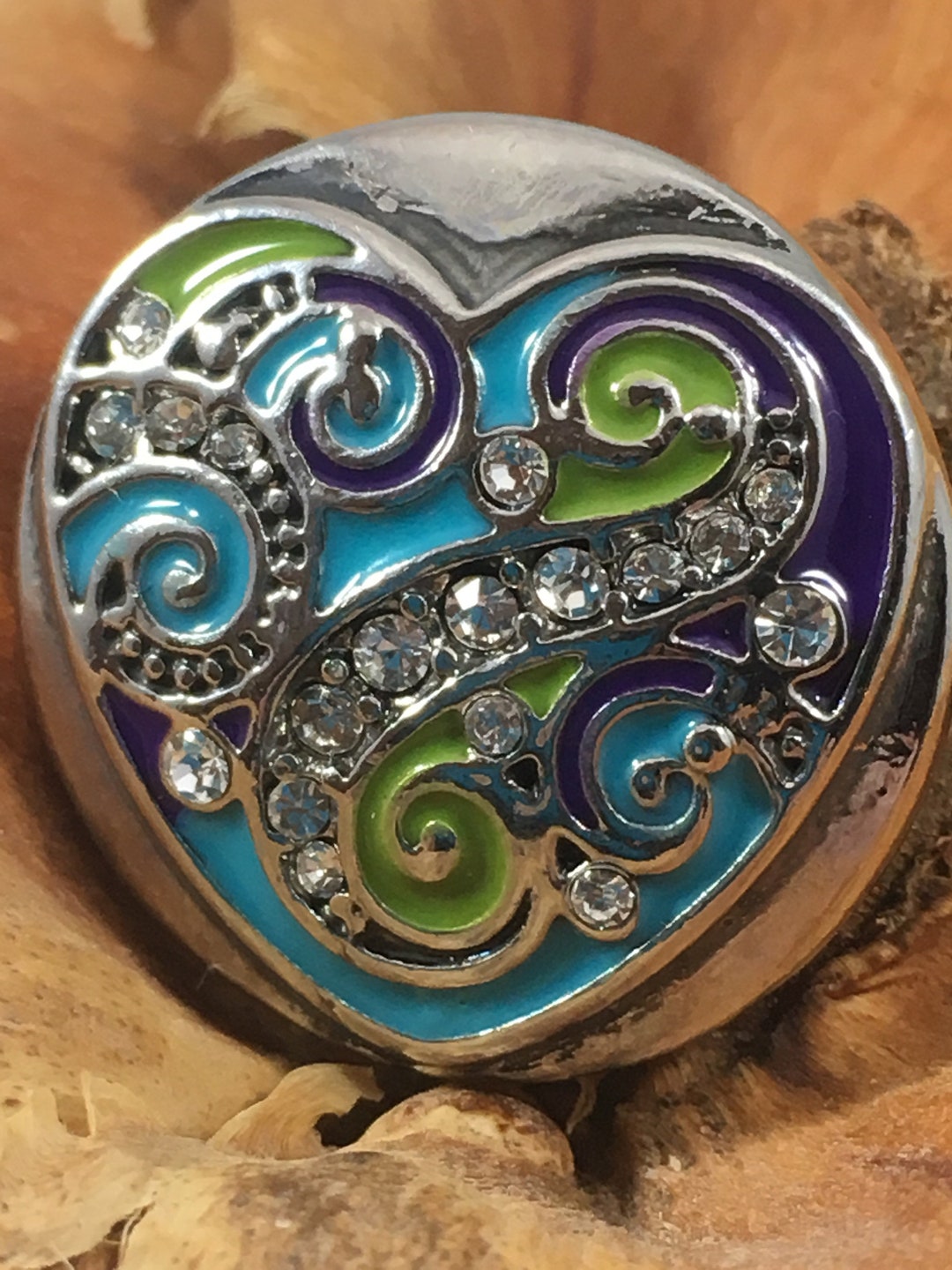 Turquoise & Purple Heart Decorated With Rhinestones in Silver 18MM Snap ...