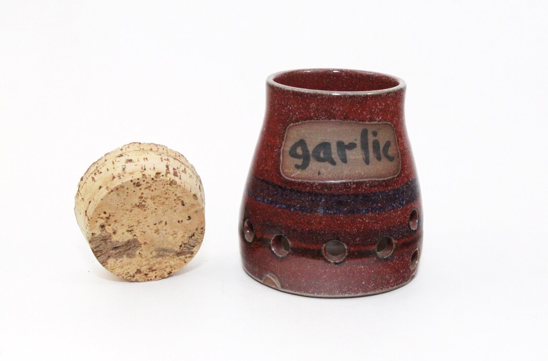 Handmade Art Pottery Garlic Keeper W/cork Top Gray Dark Red Signed 5 ...
