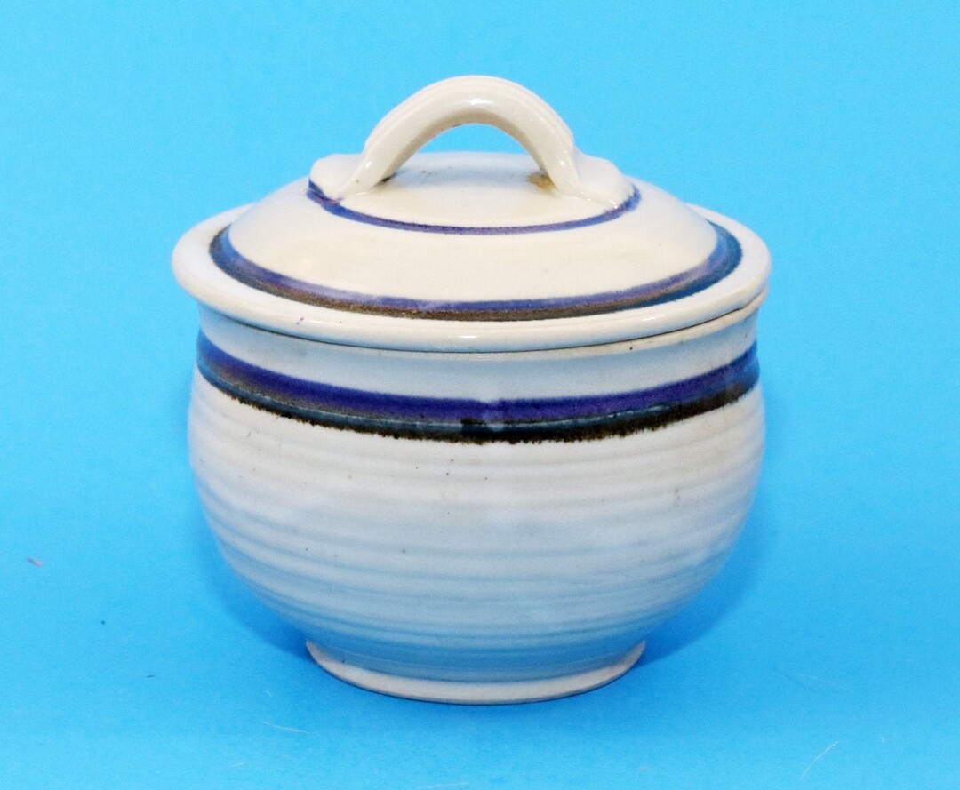 Studio Art Pottery Covered Jar Handmade Decorative Signed Blue White ...
