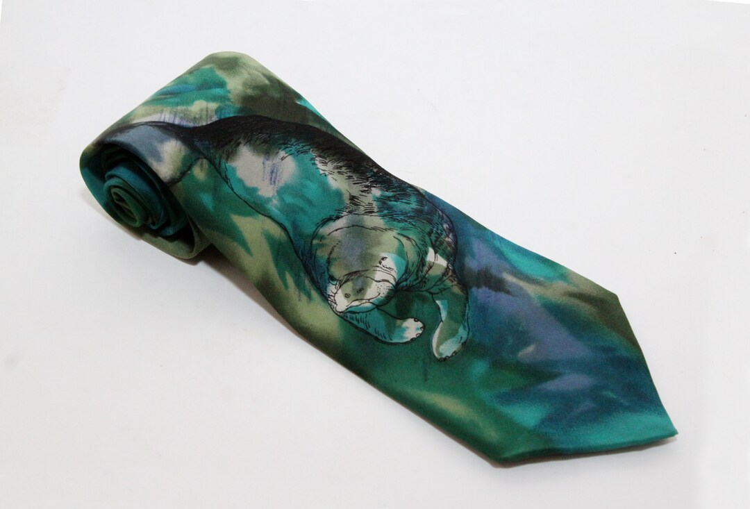 World Wildlife Fund Mens Tie 100% Silk Manatees USA Vintage 58 X 3.75 ...