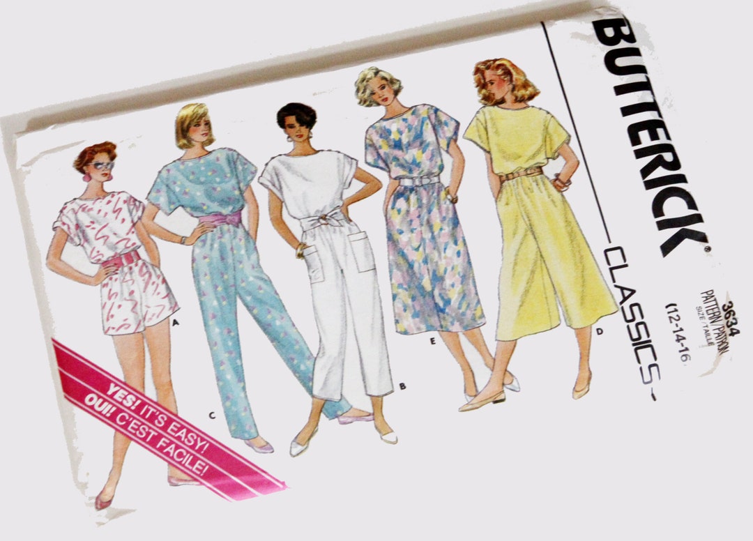 1986 Butterick Sewing Pattern 3634 Jumpsuit Dress Romper Easy 12-14-16 ...