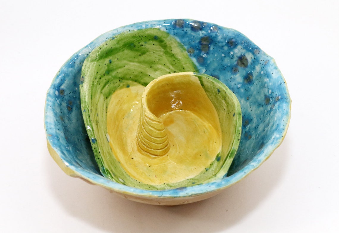 Handmade Art Pottery Decorative Bowl Yellow Green Blue Funky 6.5" - Etsy