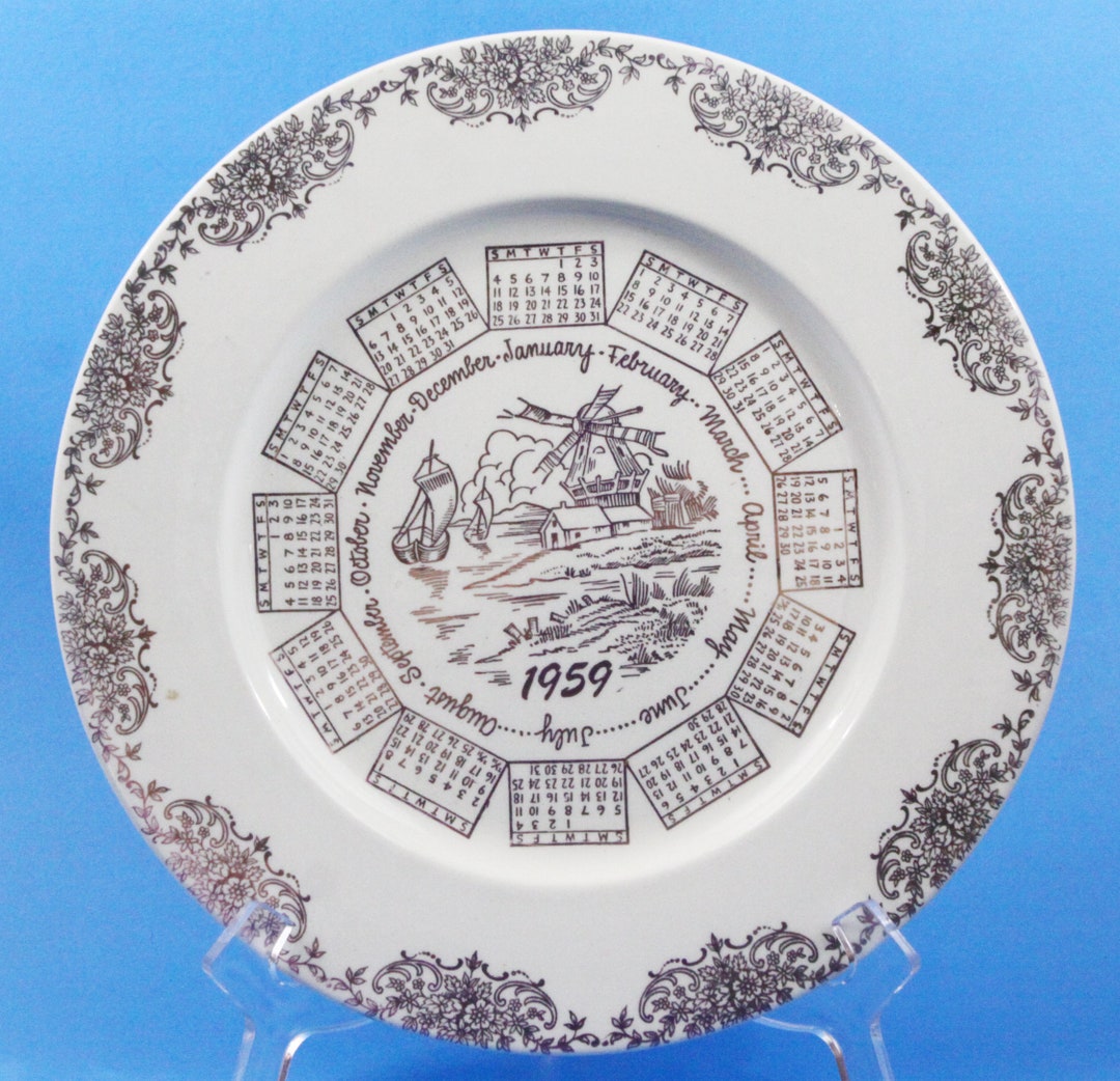 Taylor Smith & Taylor 1959 Calendar Plate MCM Ceramic 10.5" USA Shiny ...