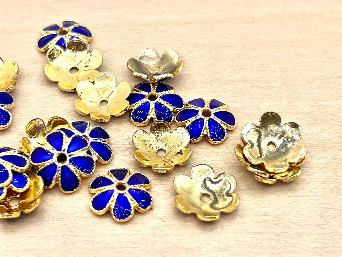 20 Count 12mm Deep Sea Blue and Gold Tone Metal Enamel Inlayed ...