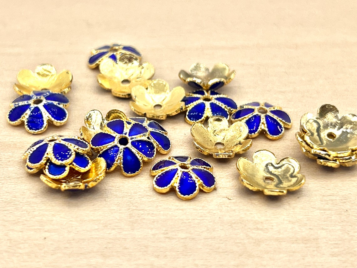 20 Count 12mm Deep Sea Blue and Gold Tone Metal Enamel Inlayed ...