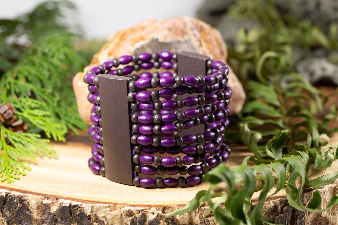 7 Inch Circumference Vintage Beaded Deep Purple Wood Cuff Bracelet ...