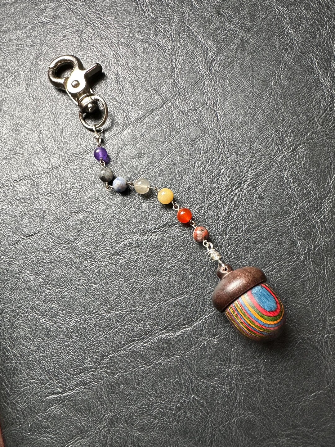Rainbow Gemstone Wood Acorn Charm Clip: Wire Wrapped Stash Box Jar ...