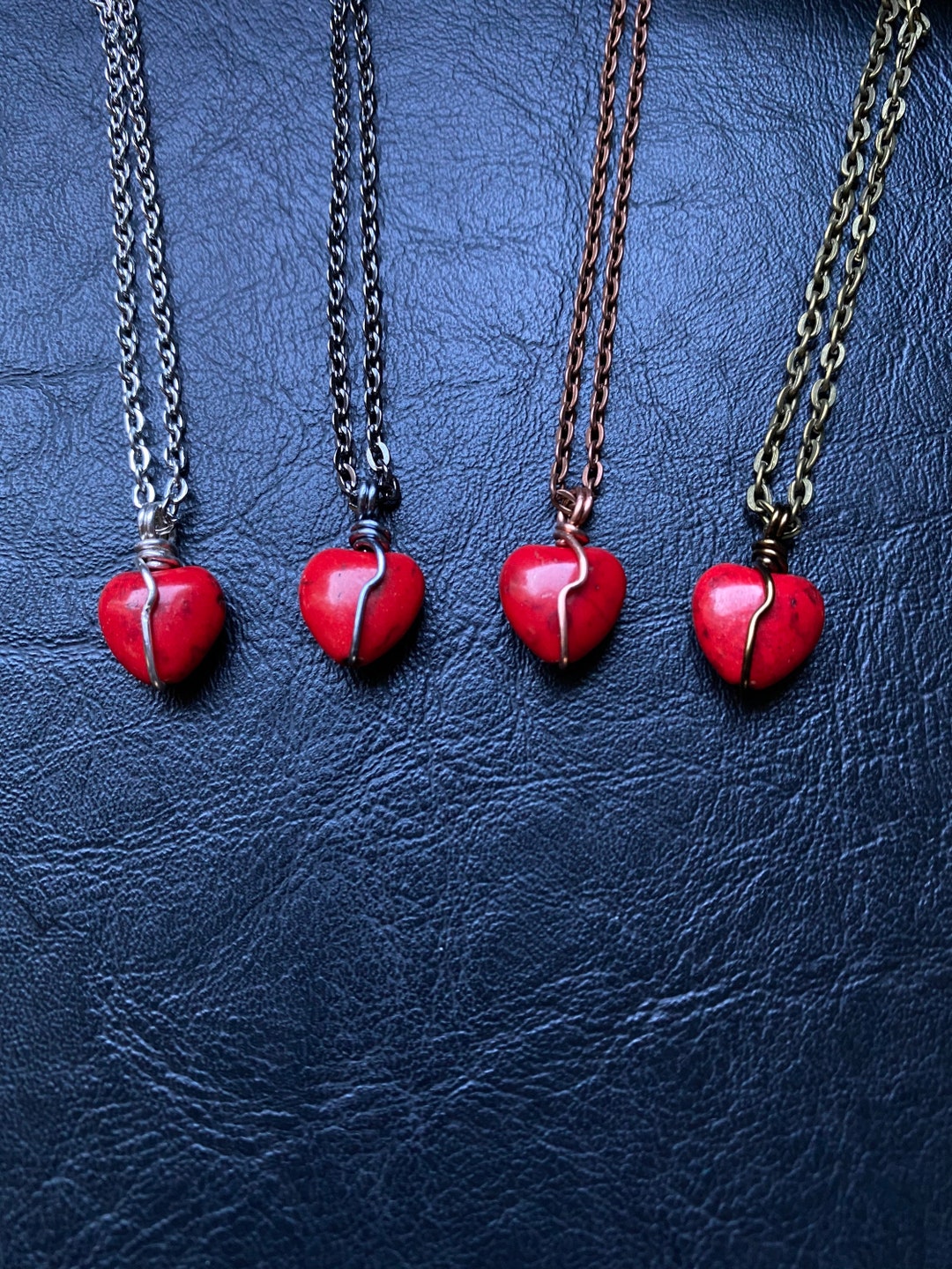 Mini Red Howlite Heart Pendant Necklace Minimalist Dainty Wire Wrapped ...