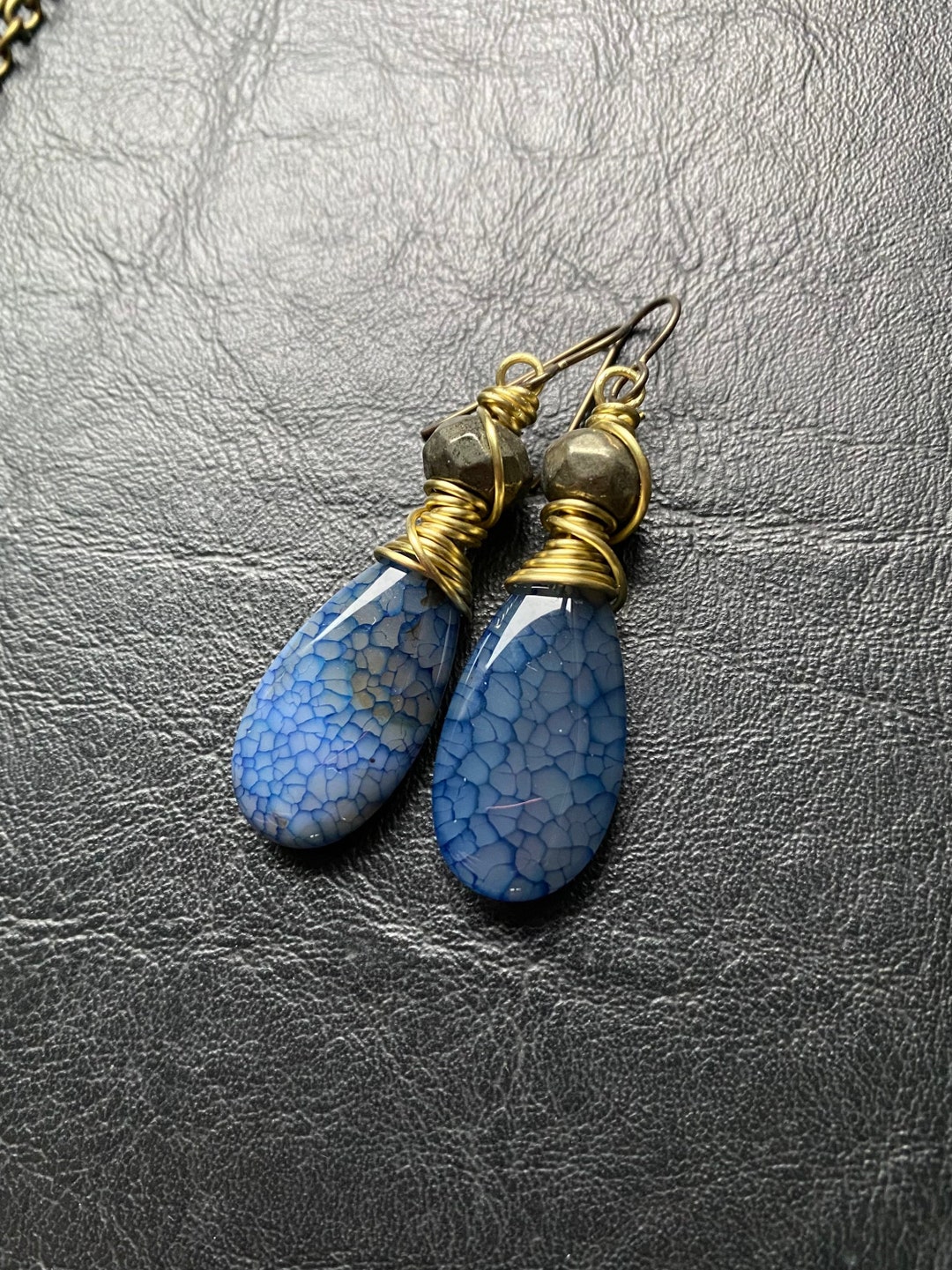 Blue Dragons Vein Agate + Pyrite Gem Stone Wire Wrapped Earrings ...