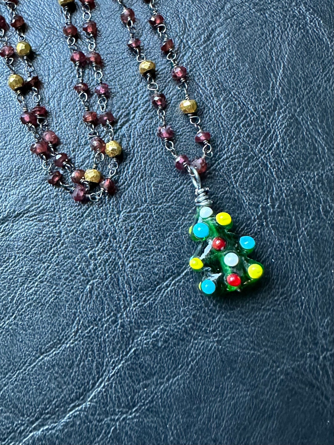 Garnet Christmas Tree Necklace Gold Artisan Lampwork Yule Winter ...