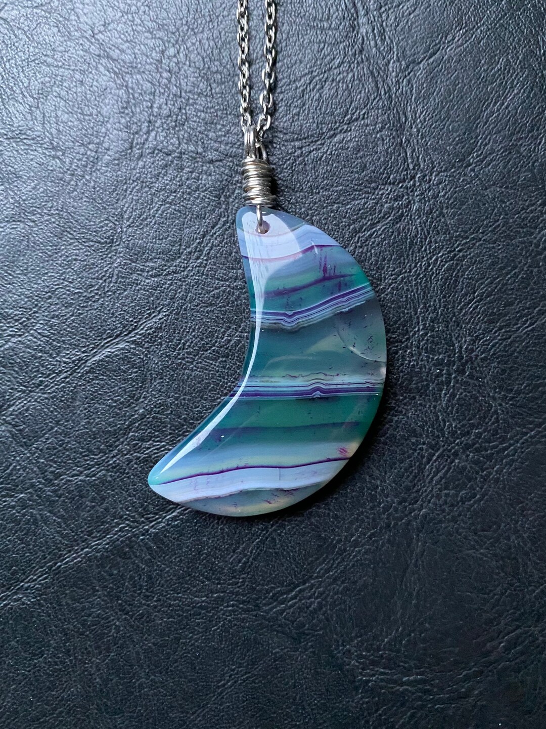 Banded Agate Moon Slice Crescent Pendant Necklace Wirewrapped Handmade ...