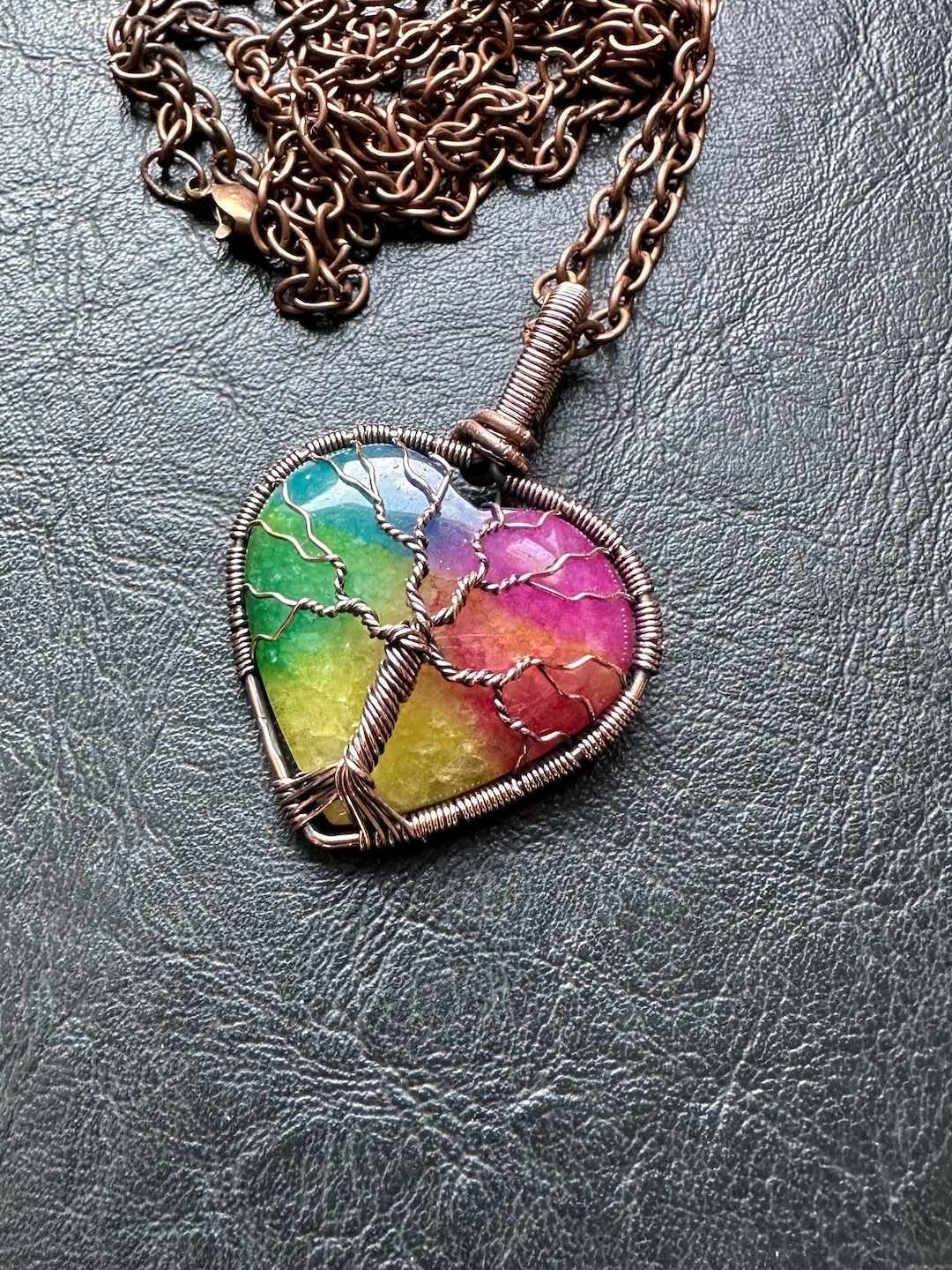 Rainbow Heart Tree of Life Necklace Solar Quartz Pendant Chakras ...