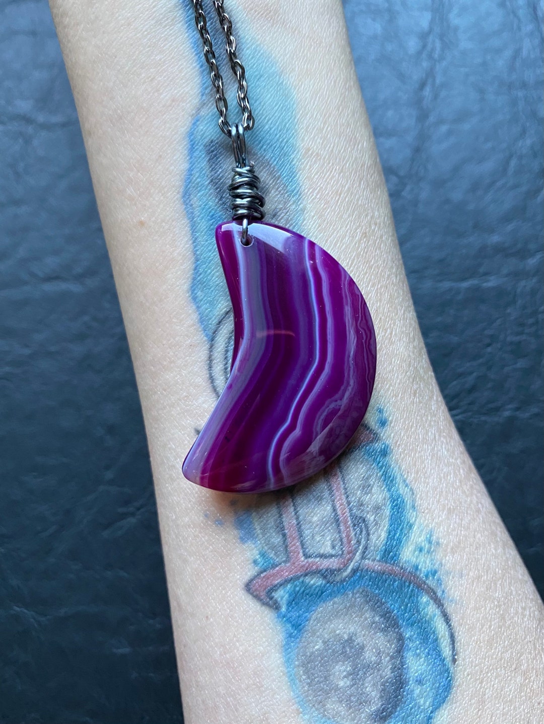 Banded Agate Moon Necklace: Handmade Wire Wrapped Purple Crystal ...