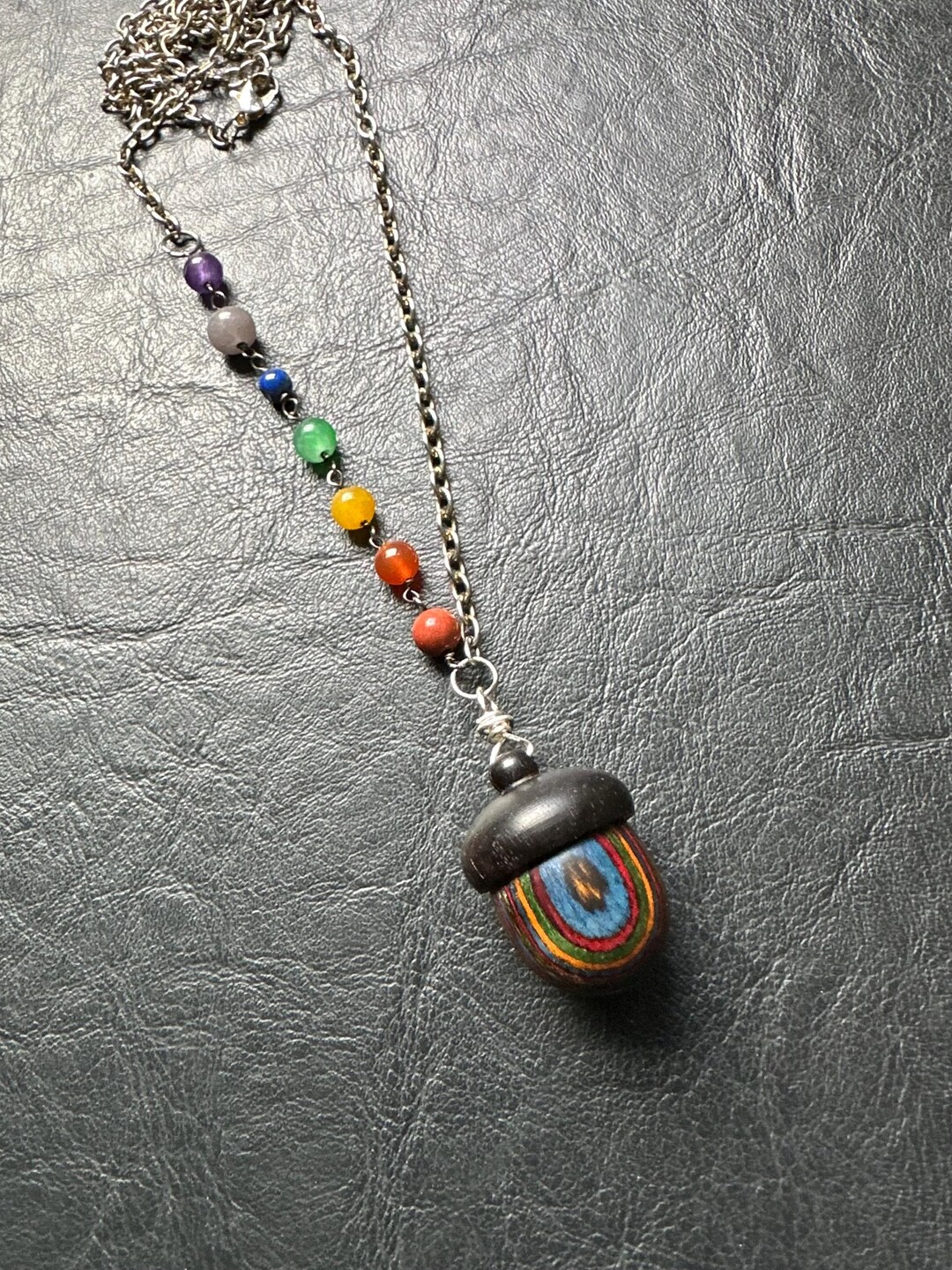 Rainbow Wood Acorn Pendant Necklace Gemstone Wire Wrap Nut Holder ...