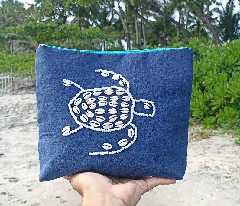 Large Linen Purse With Strap Sea Turtle Embellishment Cowrie - Etsy